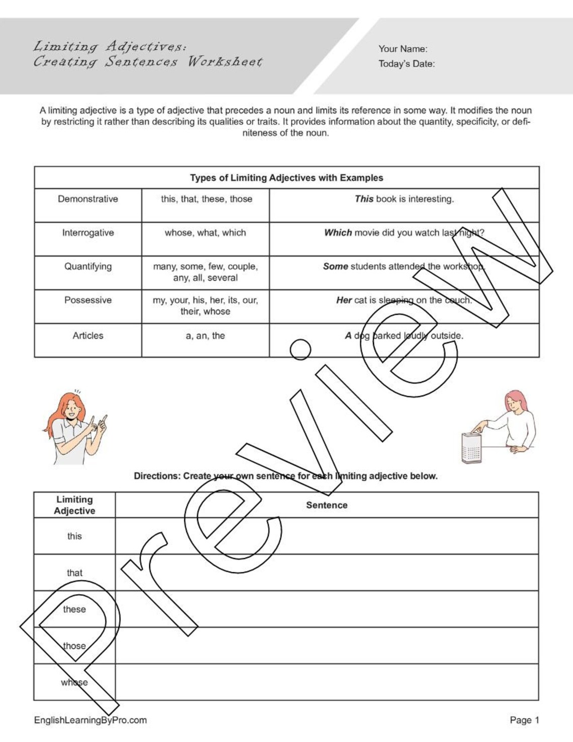 Limiting Adjectives Worksheets Bundle for English Learners and English ...