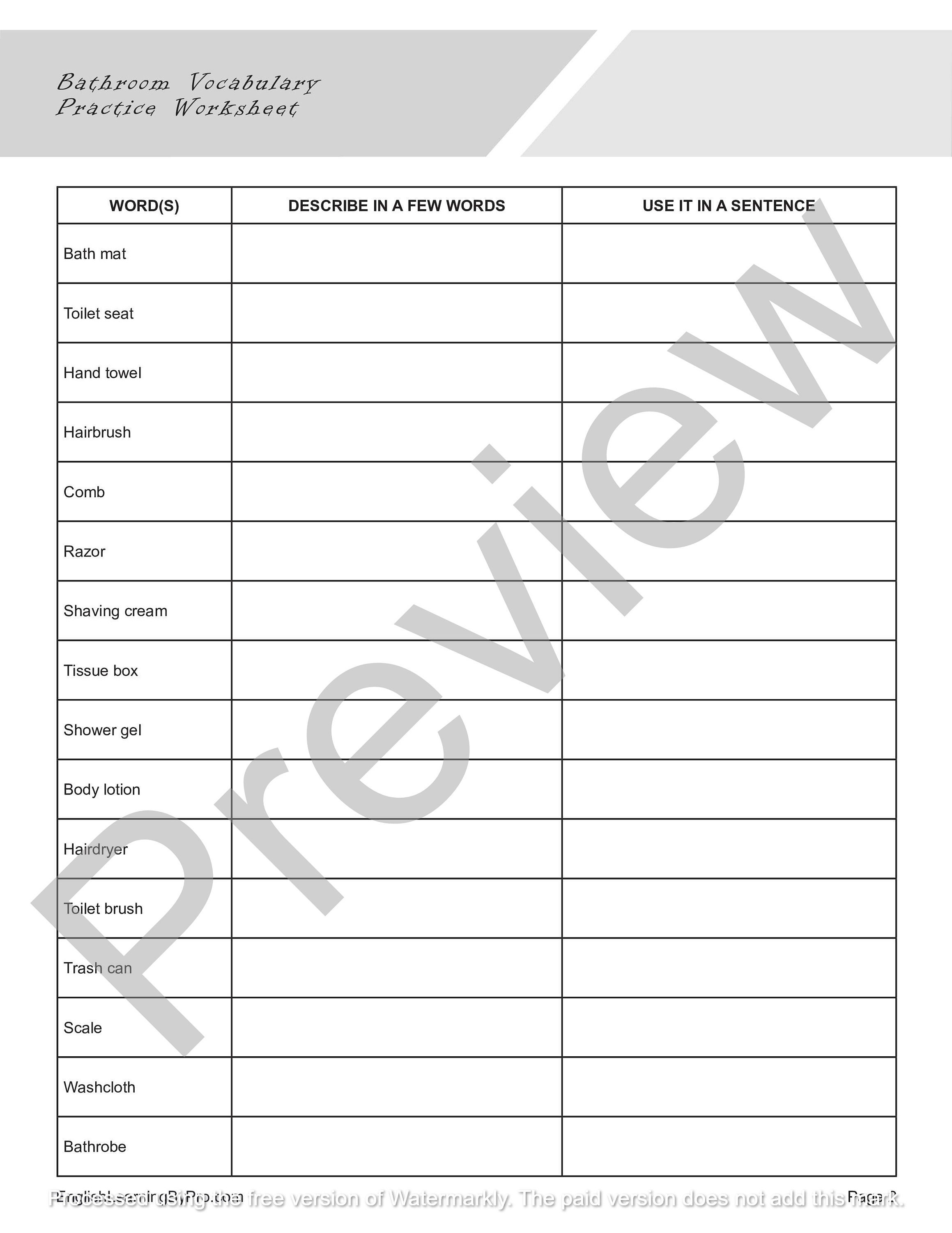 Bathroom Vocabulary Practice Worksheet for English Learners and English ...