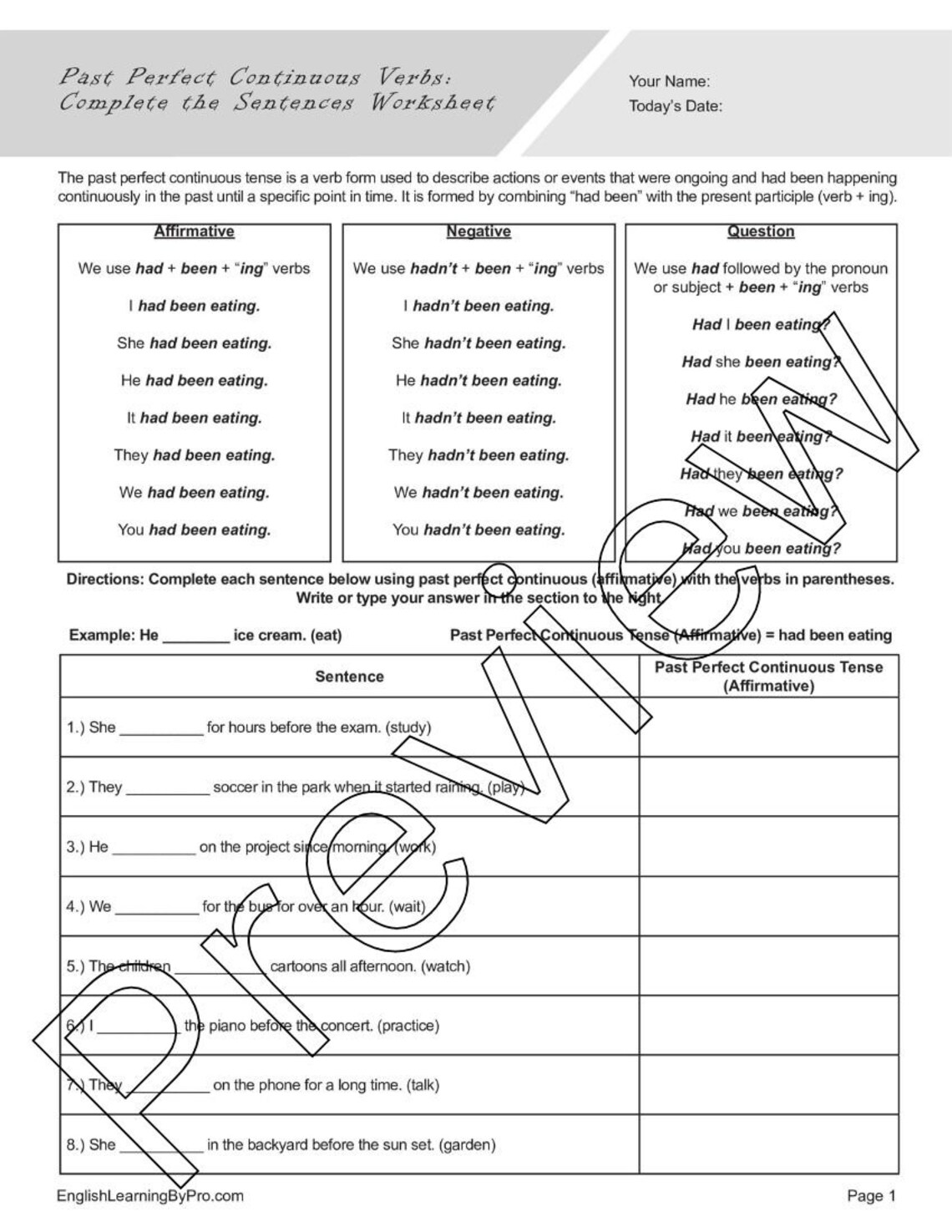 Past Perfect Continuous Worksheets Bundle for English Learners and ...