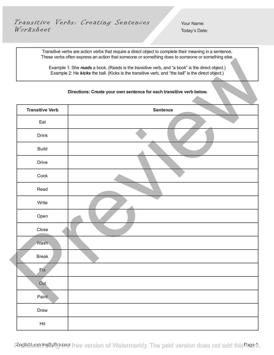 Transitive Verbs Worksheets Bundle for English Learners and English ...