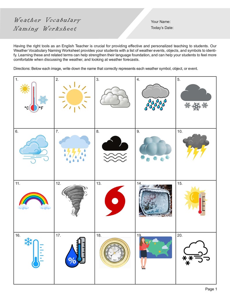 Weather Vocabulary Naming Worksheet for English Learners and English ...