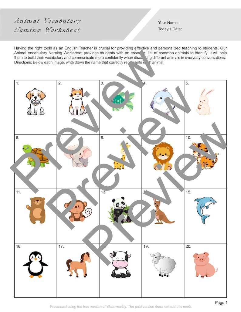 Animal Vocabulary Naming Worksheet for English Learners and English ...