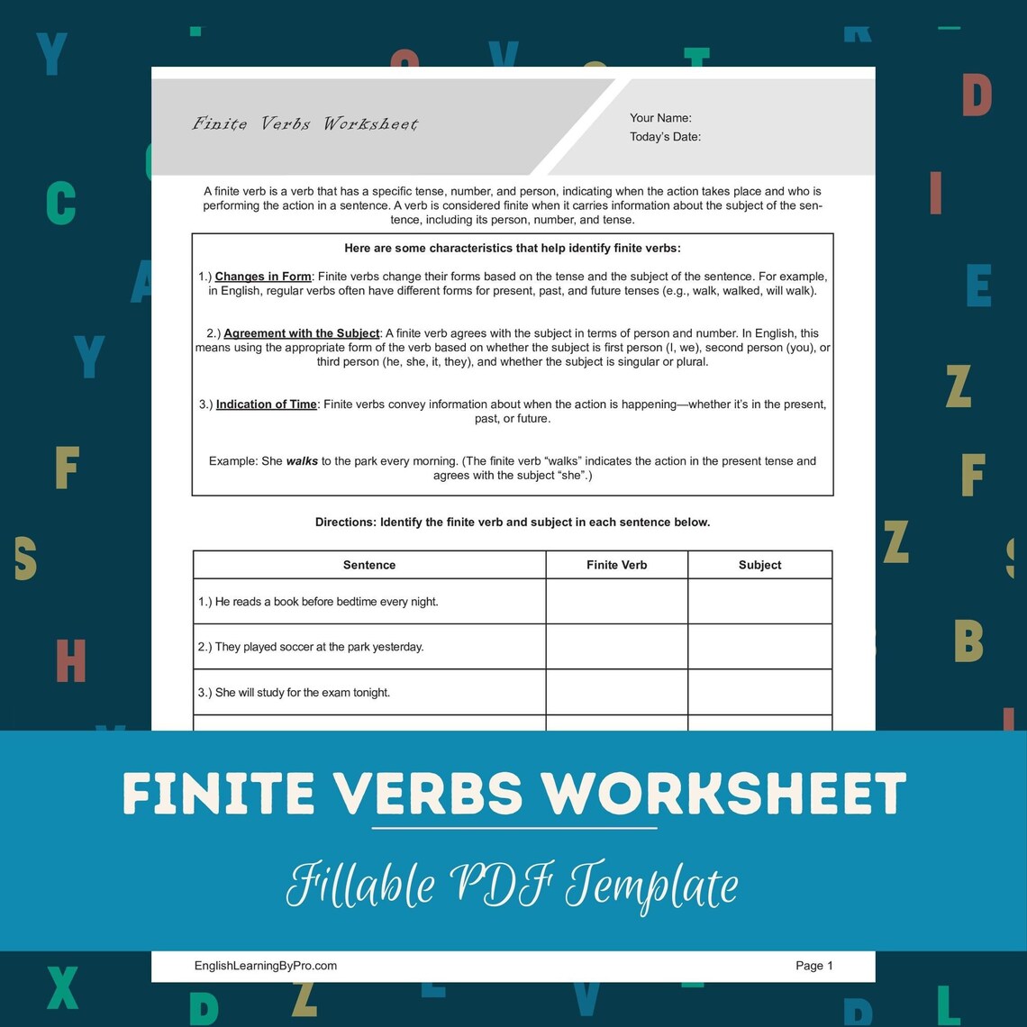 Finite Verbs Worksheet for English Learners and English Teachers ...