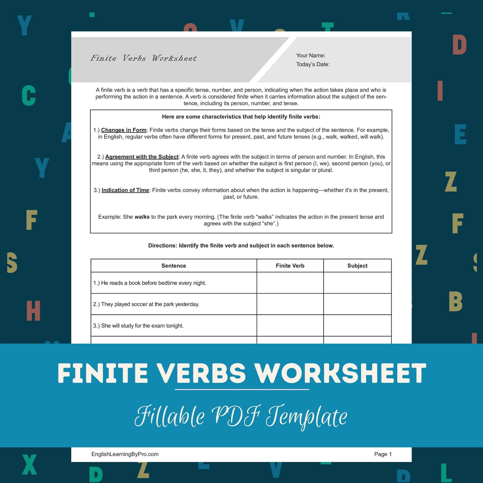 Finite Verbs Worksheet for English Learners and English Teachers ...