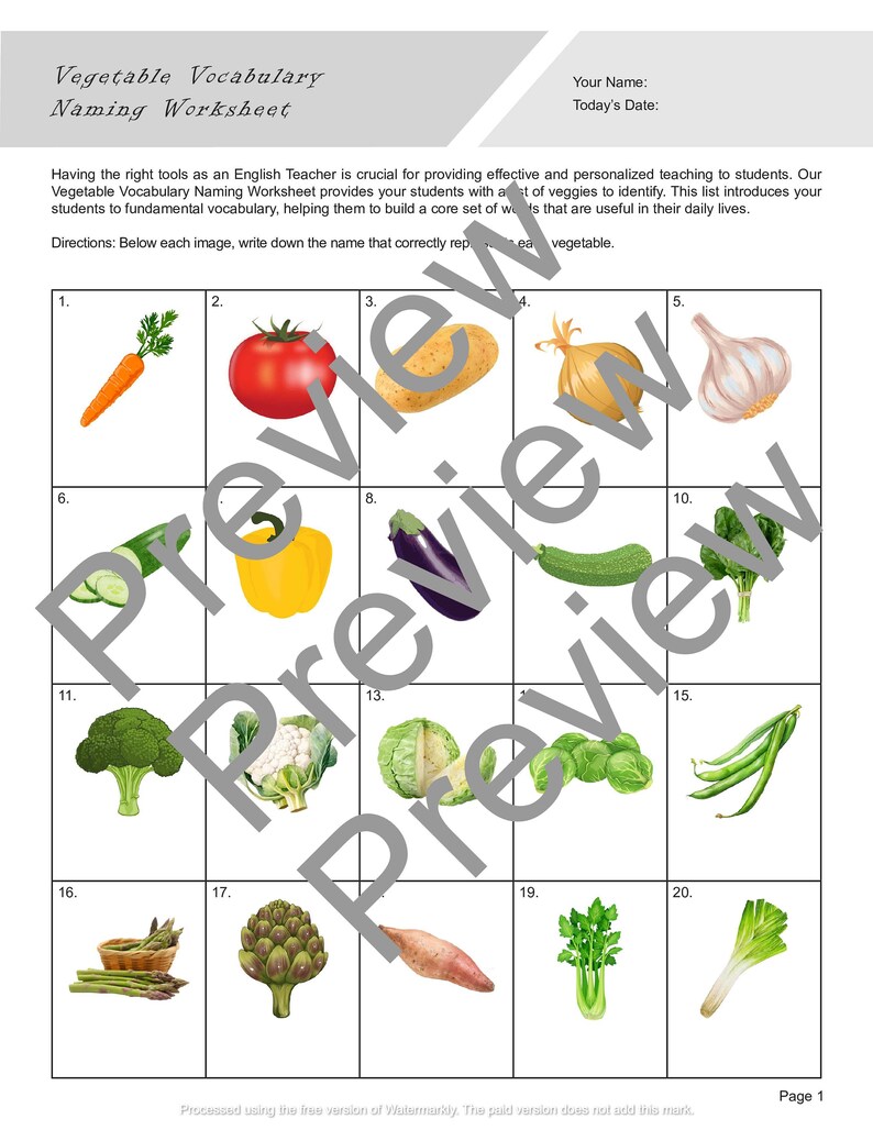 Vegetable Vocabulary Naming Worksheet for English Learners and English ...