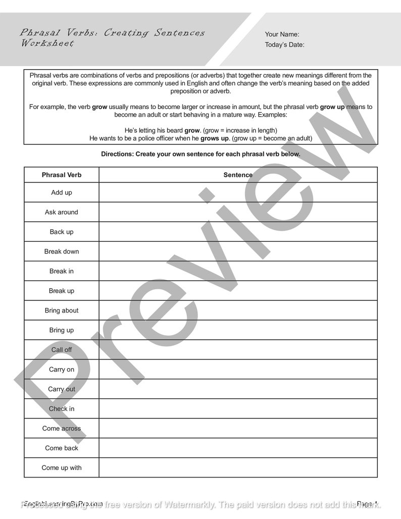 Phrasal Verbs Worksheets Bundle for English Learners and English ...