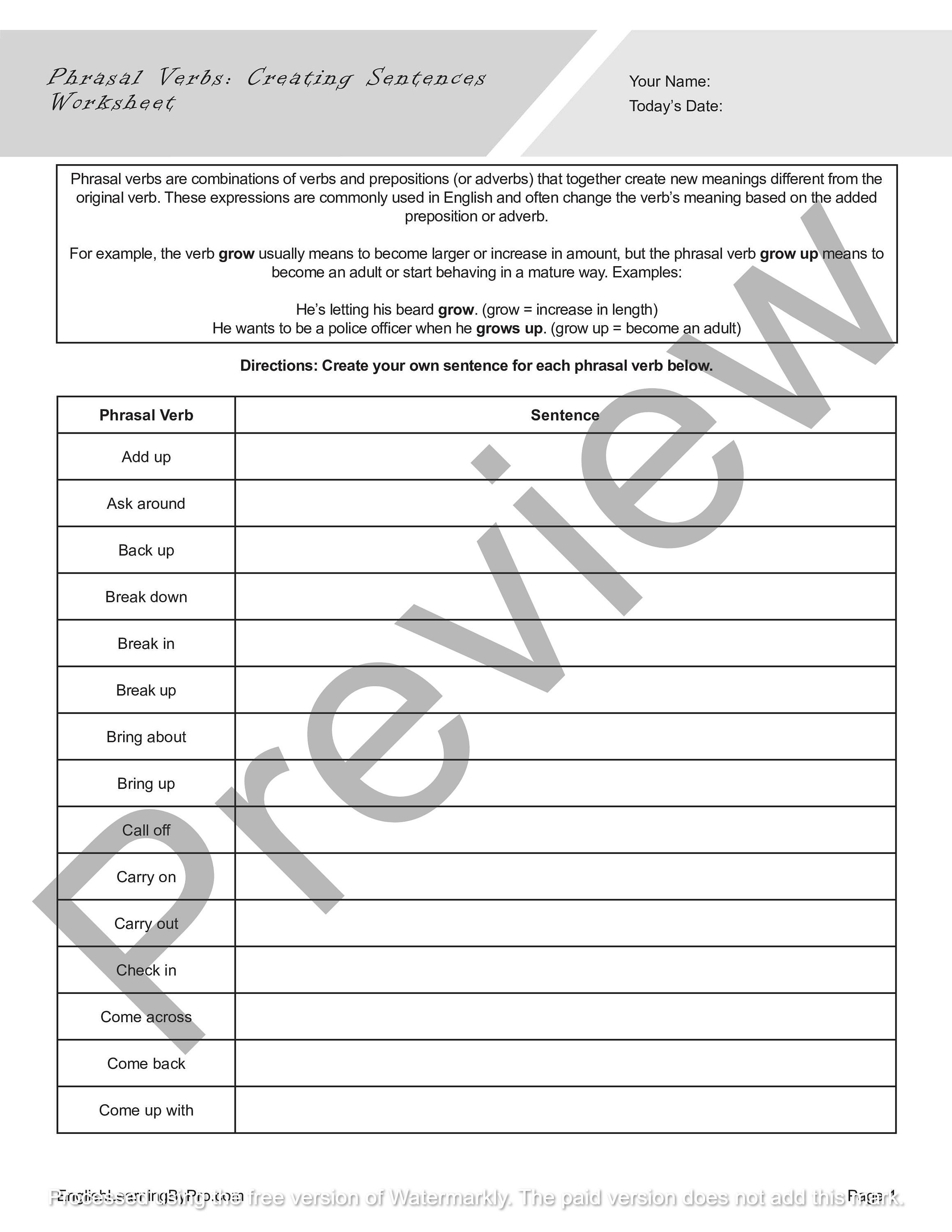 Phrasal Verbs Worksheets Bundle for English Learners and English ...