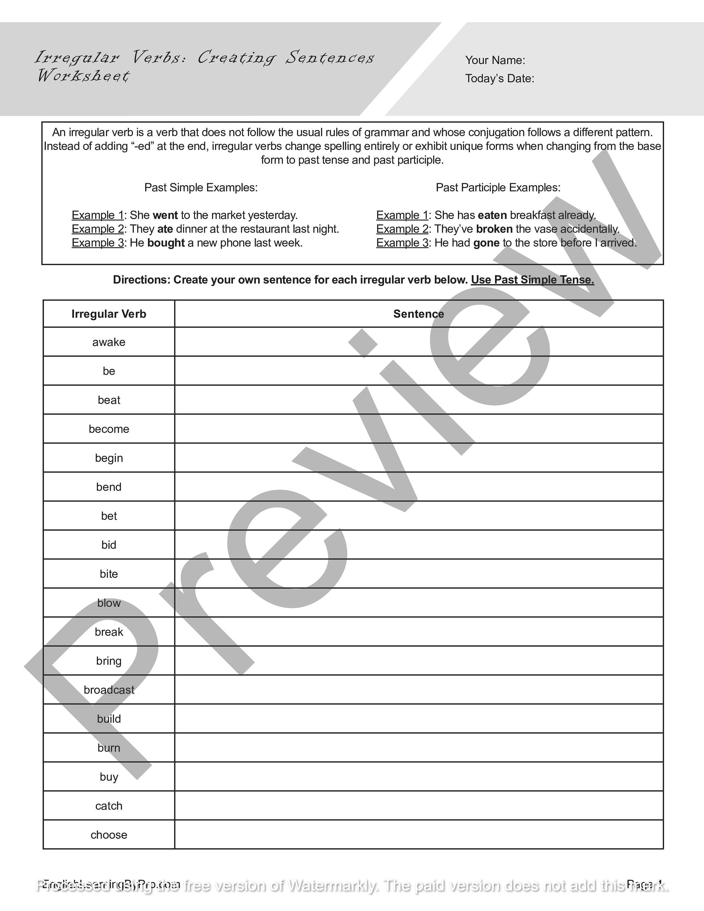 Irregular Verbs Worksheets Bundle for English Learners and English ...