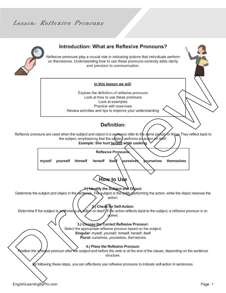 Reflexive Pronouns Lesson: Introduction + 3 Worksheets (editable ...