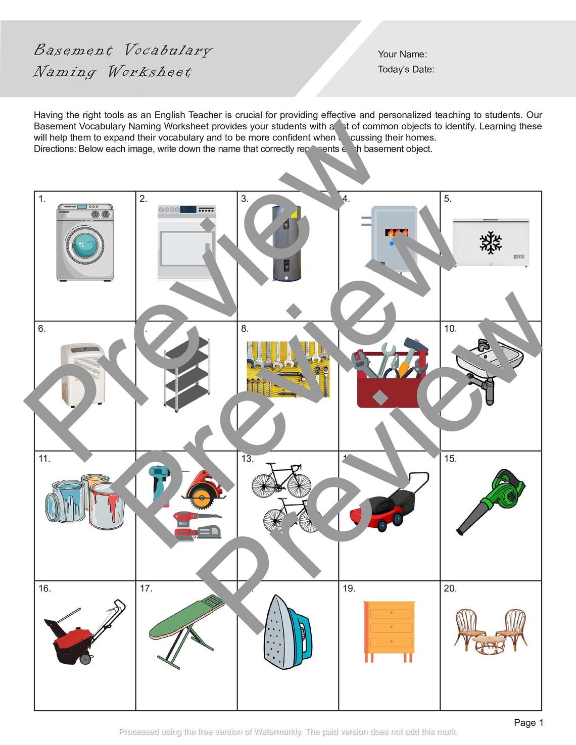 Basement Vocabulary Naming Worksheet for English Learners and English ...