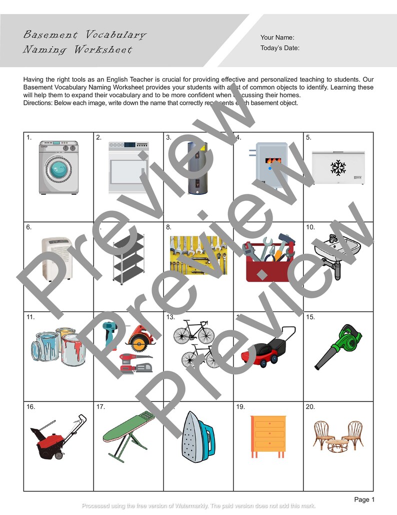 Basement Vocabulary Naming Worksheet for English Learners and English ...