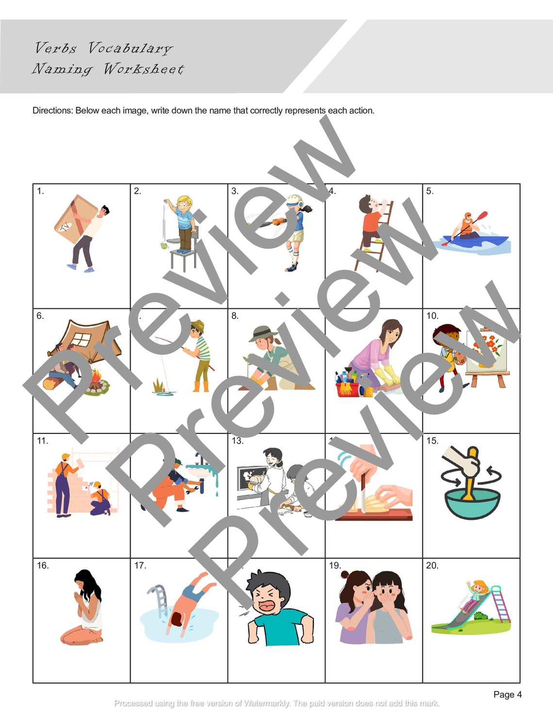 Verbs Vocabulary Naming Worksheet for English Learners and English ...