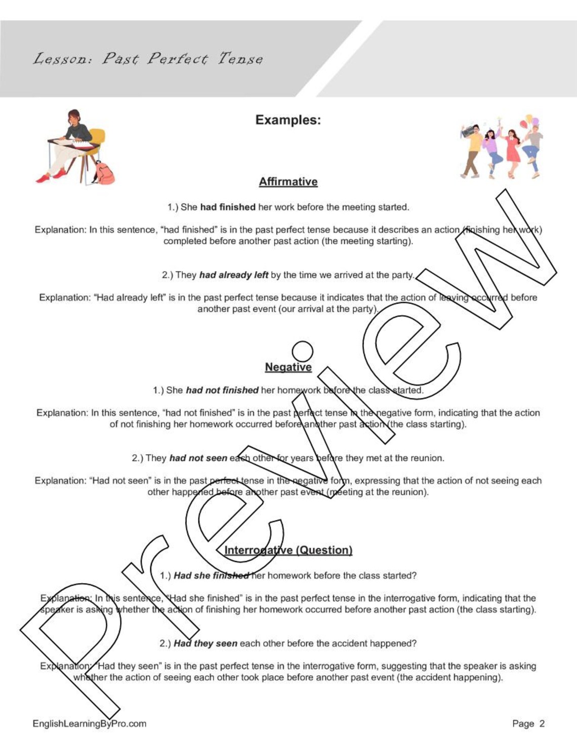 Past Perfect Tense Verbs Lesson: Introduction + 3 Worksheets (editable ...