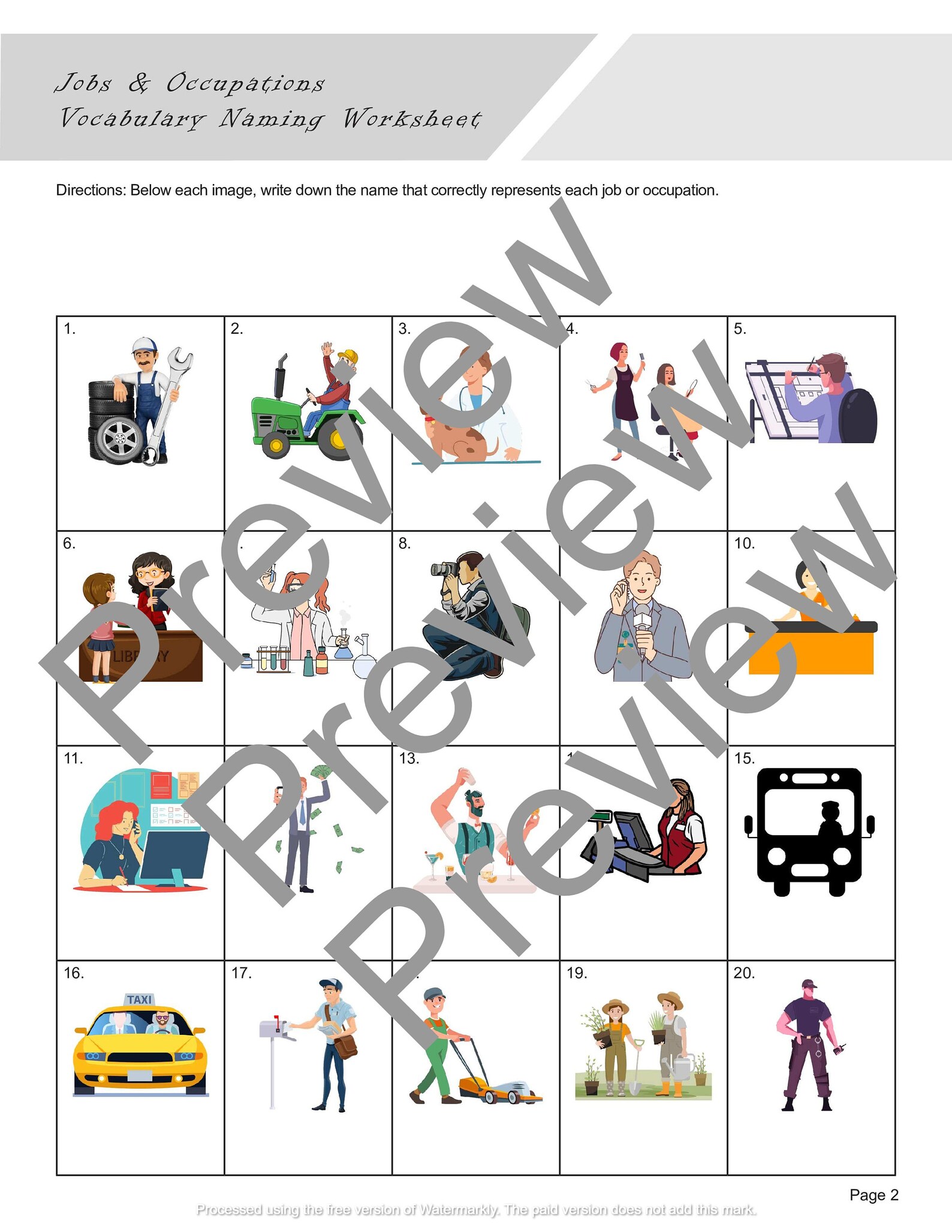 Jobs and Occupations Vocabulary Naming Worksheet for English Learners ...