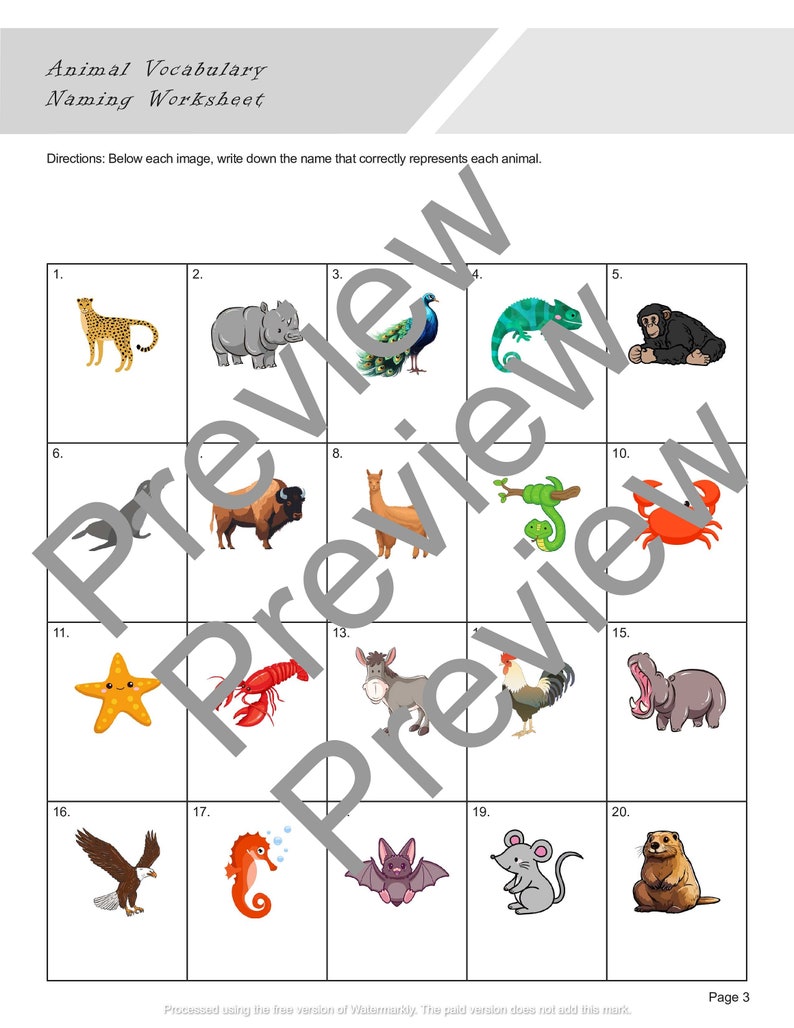 Animal Vocabulary Naming Worksheet for English Learners and English ...