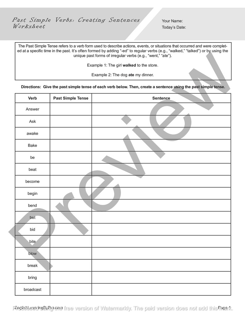 Past Simple Verbs Worksheets Bundle for English Learners and English ...