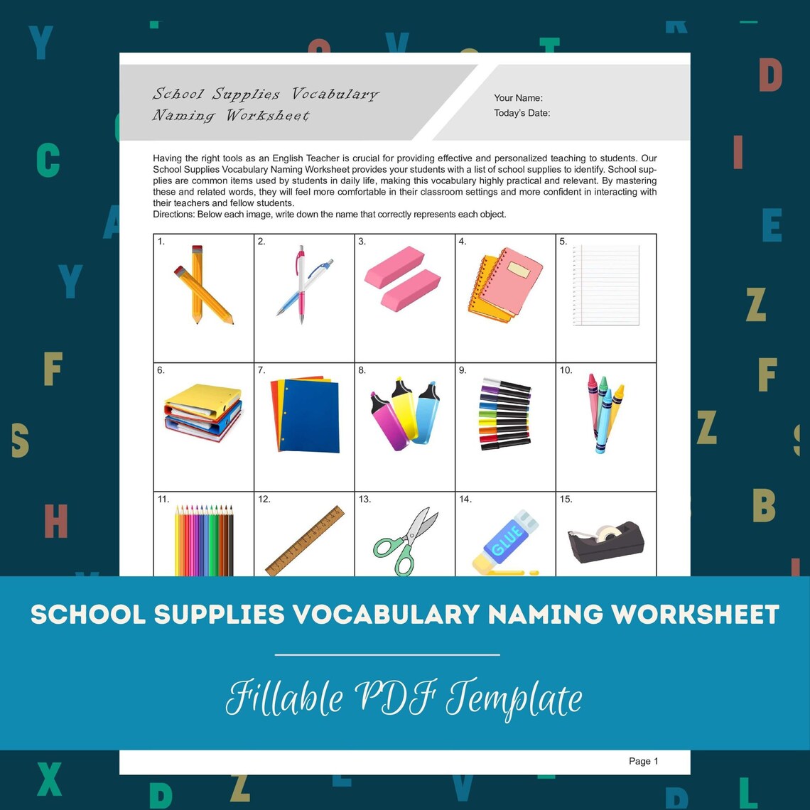 School Supplies Vocabulary Naming Worksheet for English Learners and ...