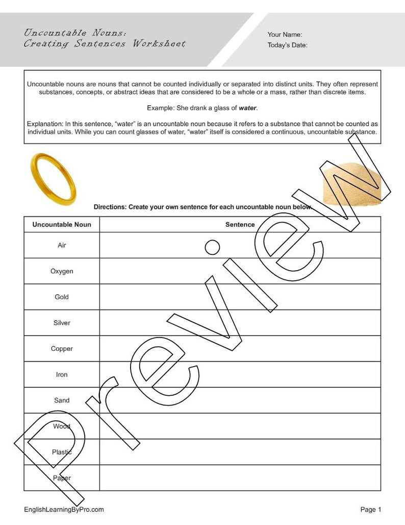 Uncountable Nouns Worksheets Bundle for English Learners and English ...
