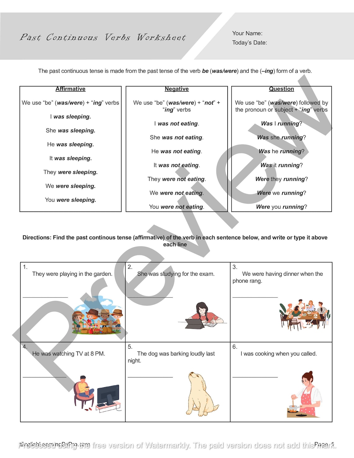 Past Continuous Verbs Worksheets Bundle for English Learners and ...