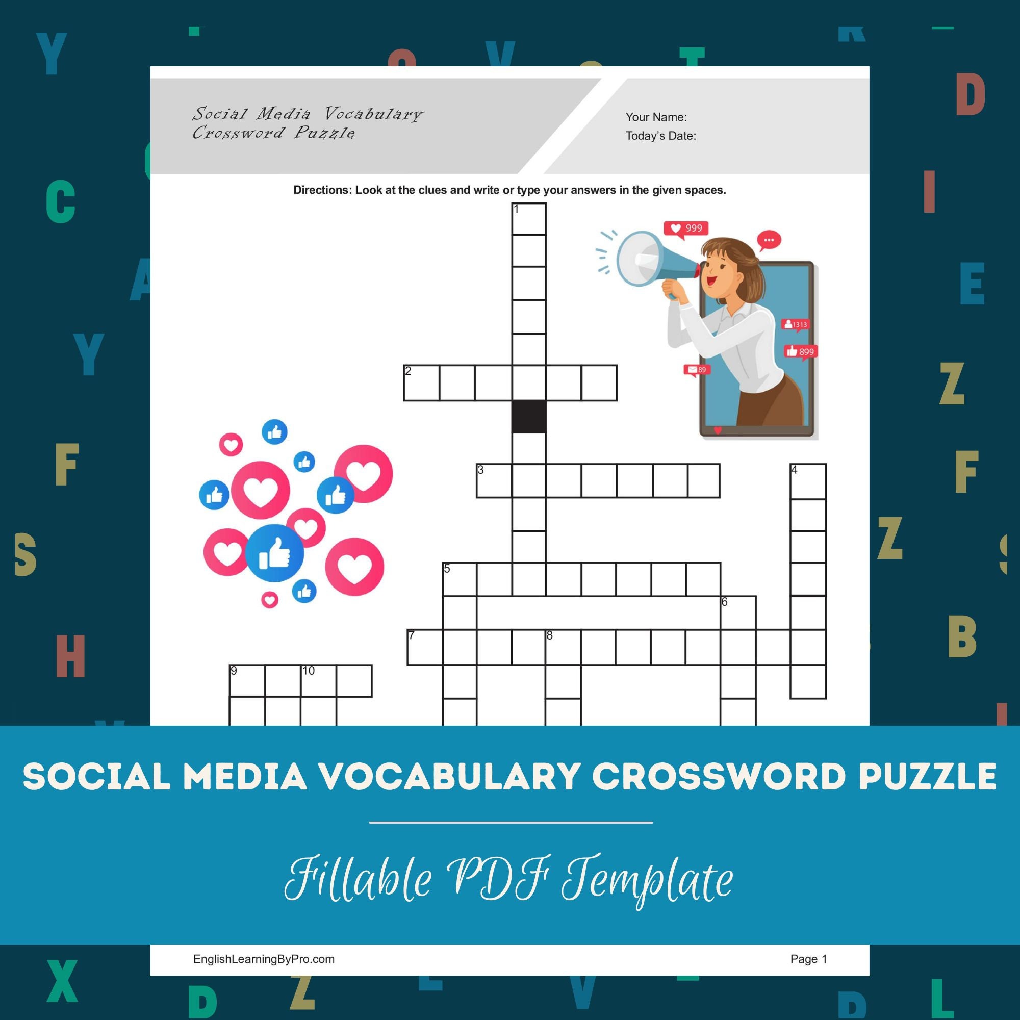 Social Media Vocabulary Crossword Puzzle for English Learners and ...