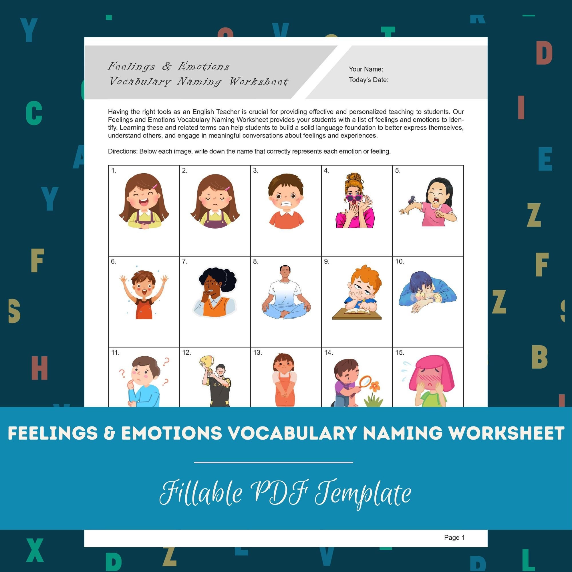 Feelings and Emotions Vocabulary Naming Worksheet for English Learners ...