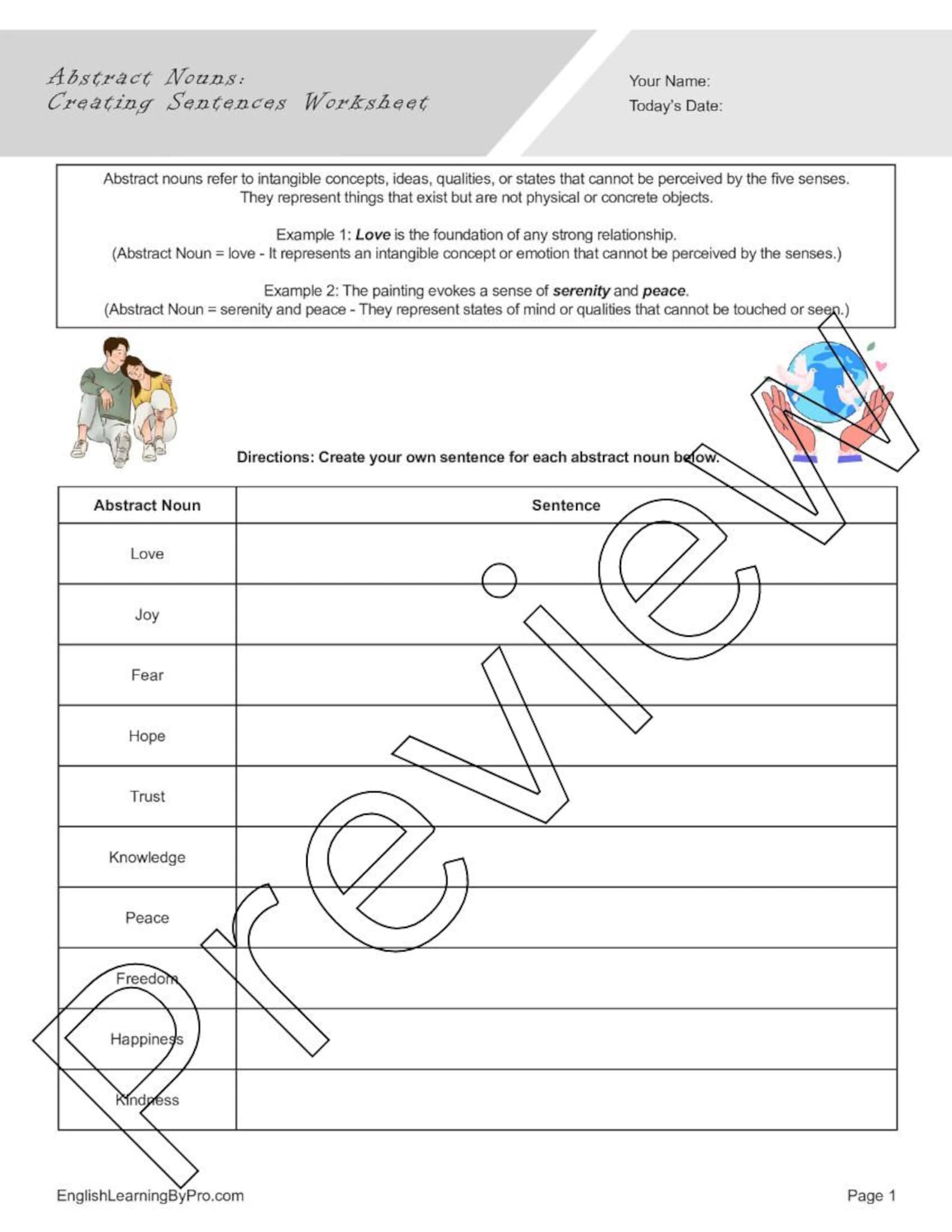 Abstract Nouns Worksheets Bundle for English Learners and English ...