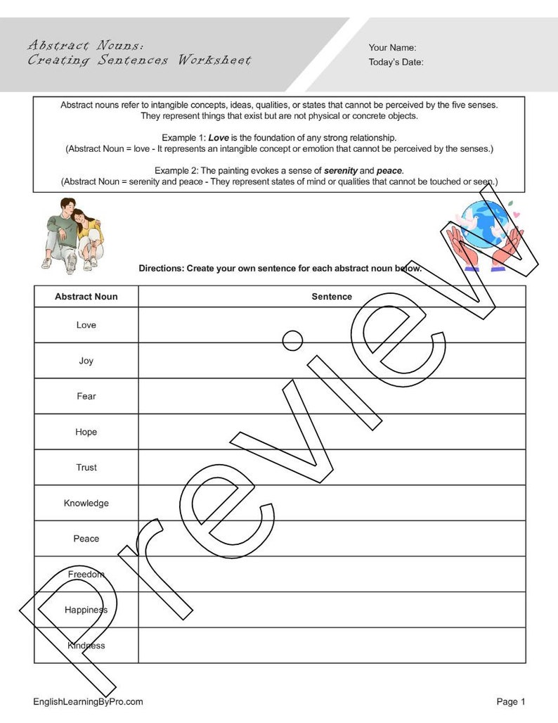 Abstract Nouns Worksheets Bundle for English Learners and English ...