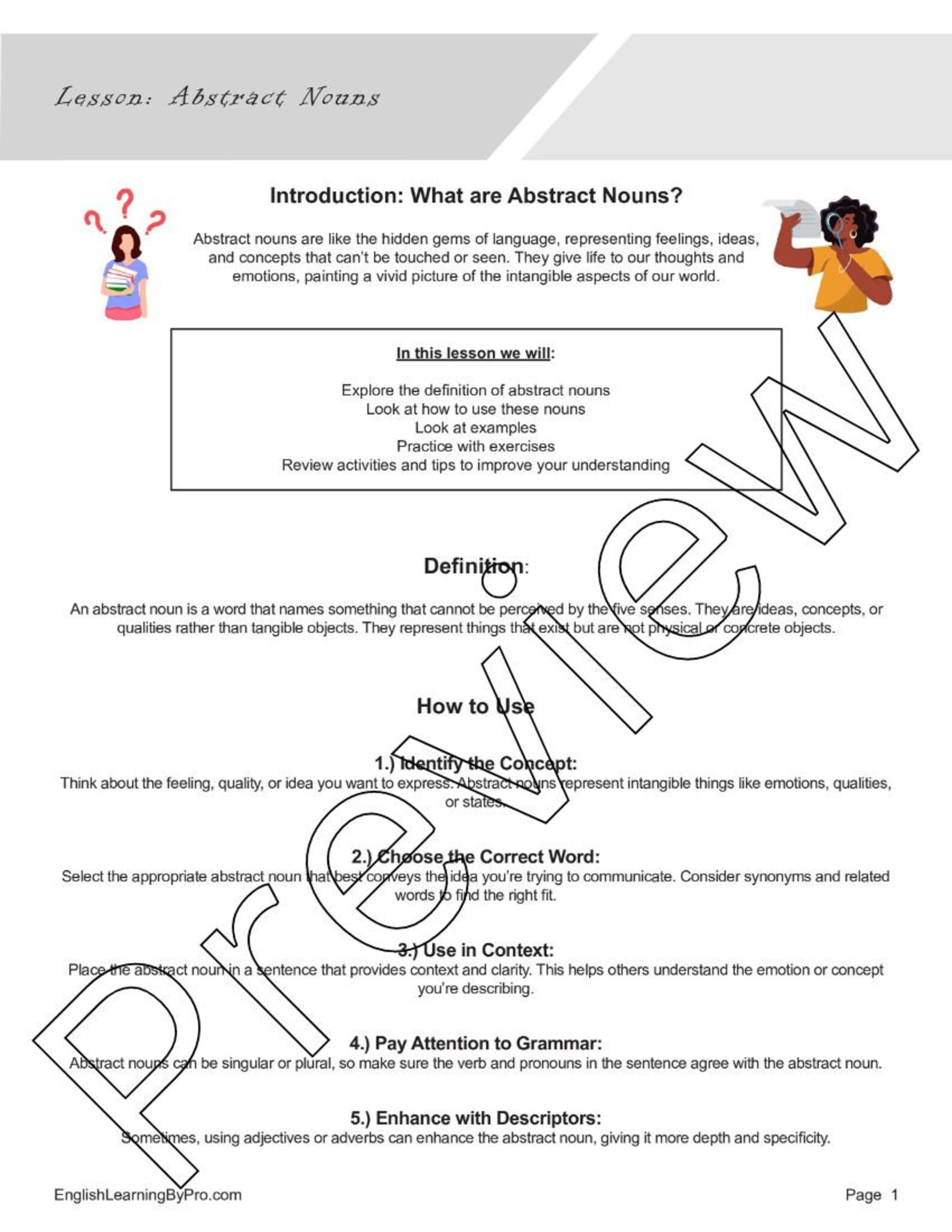 Abstract Nouns Lesson: Introduction + 4 Worksheets (editable, Fillable ...