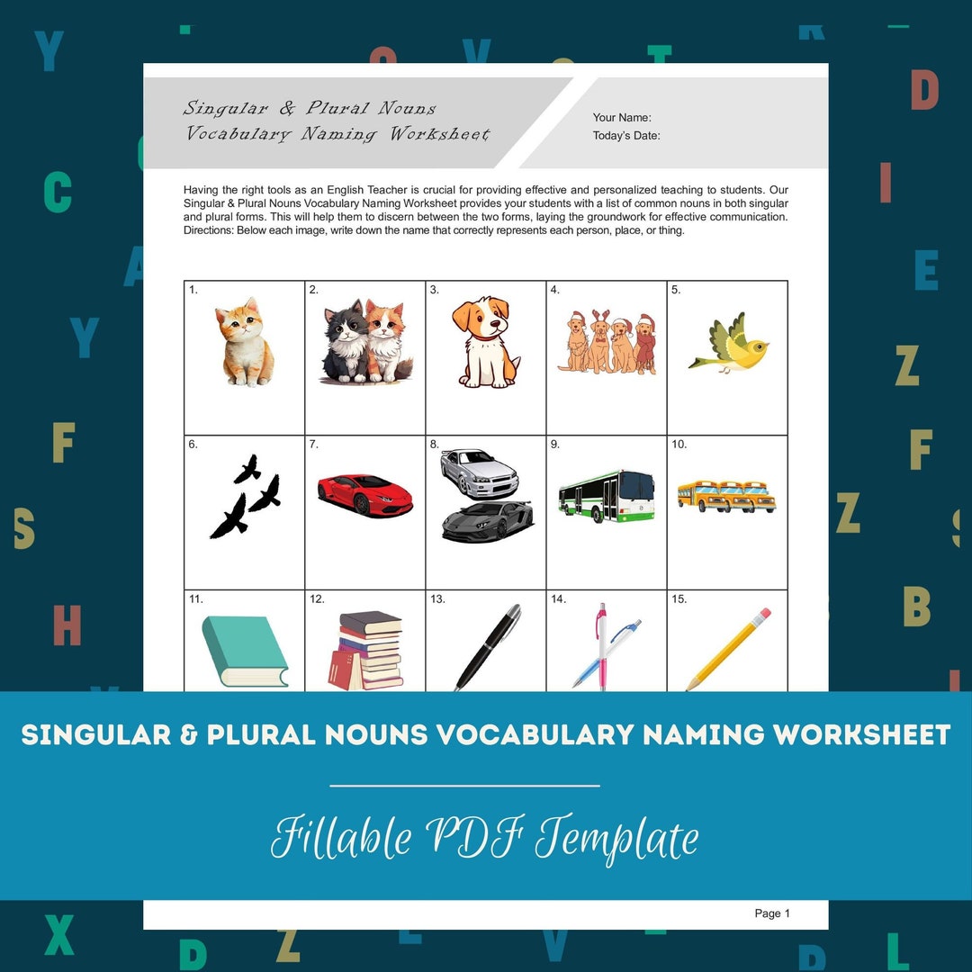 Singular and Plural Nouns Vocabulary Naming Worksheet for English ...