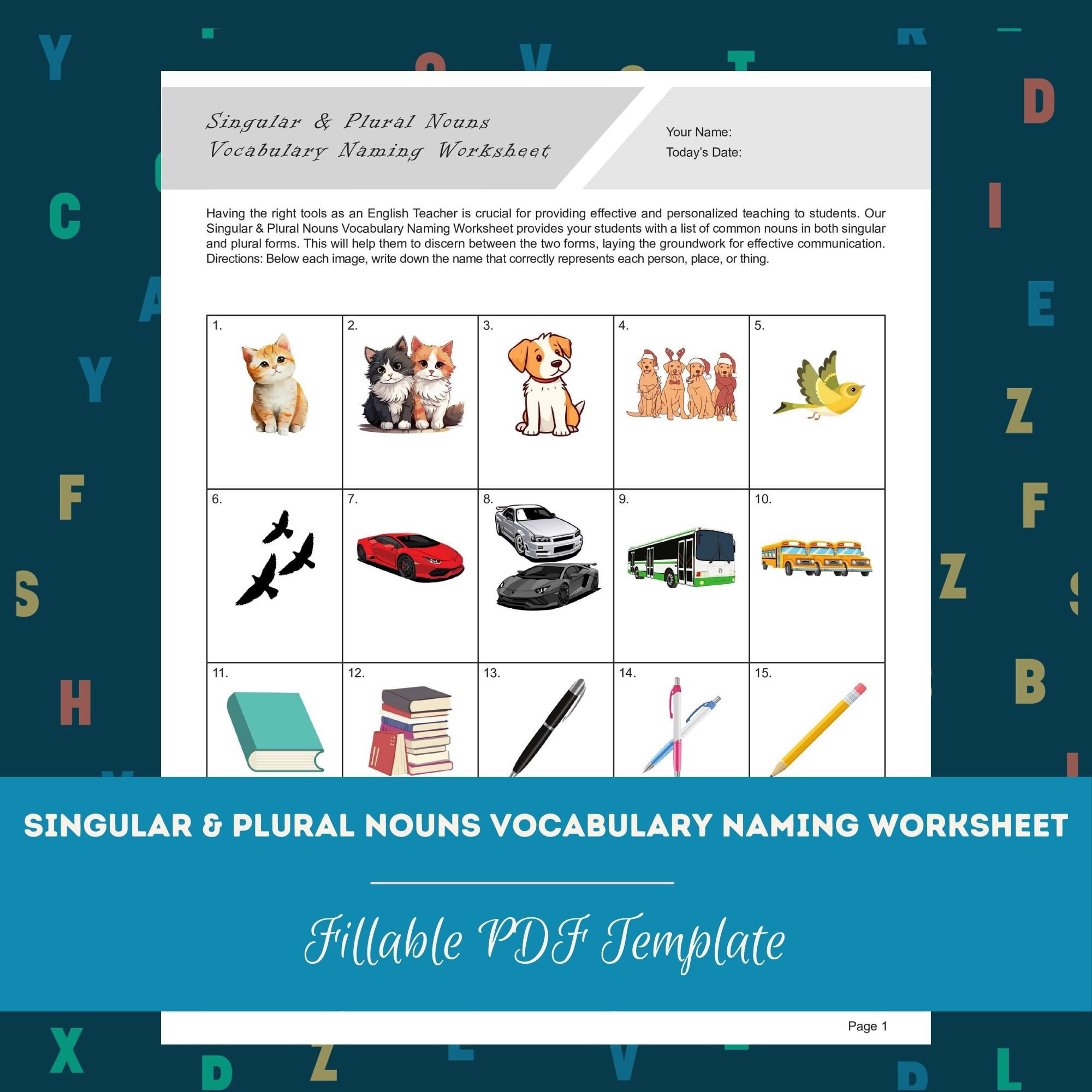 Singular and Plural Nouns Vocabulary Naming Worksheet for English ...