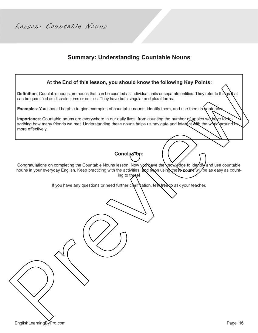Countable Nouns Lesson: Introduction + 4 Worksheets (editable, Fillable ...
