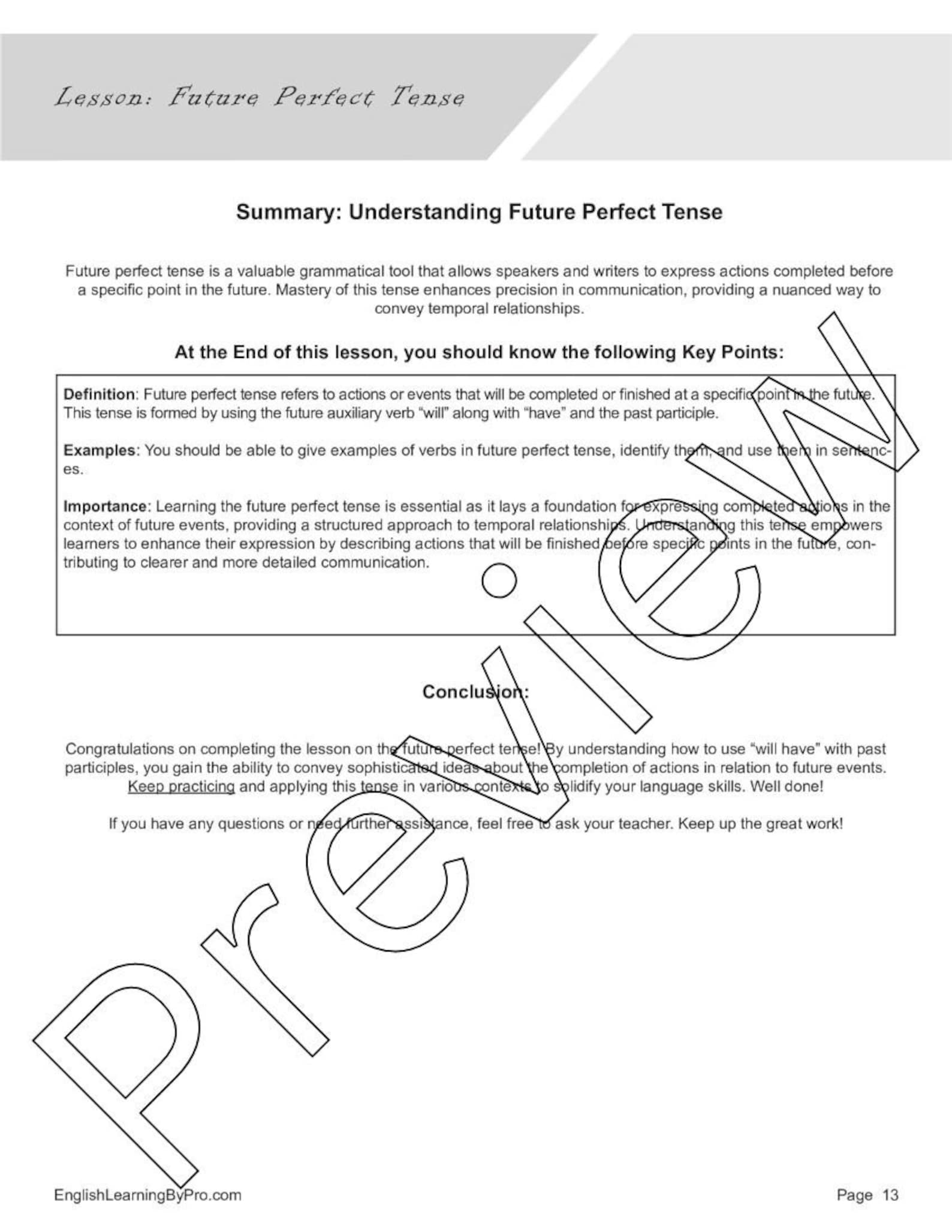 Future Perfect Tense Verb Lesson: Introduction 3 Worksheets editable ...
