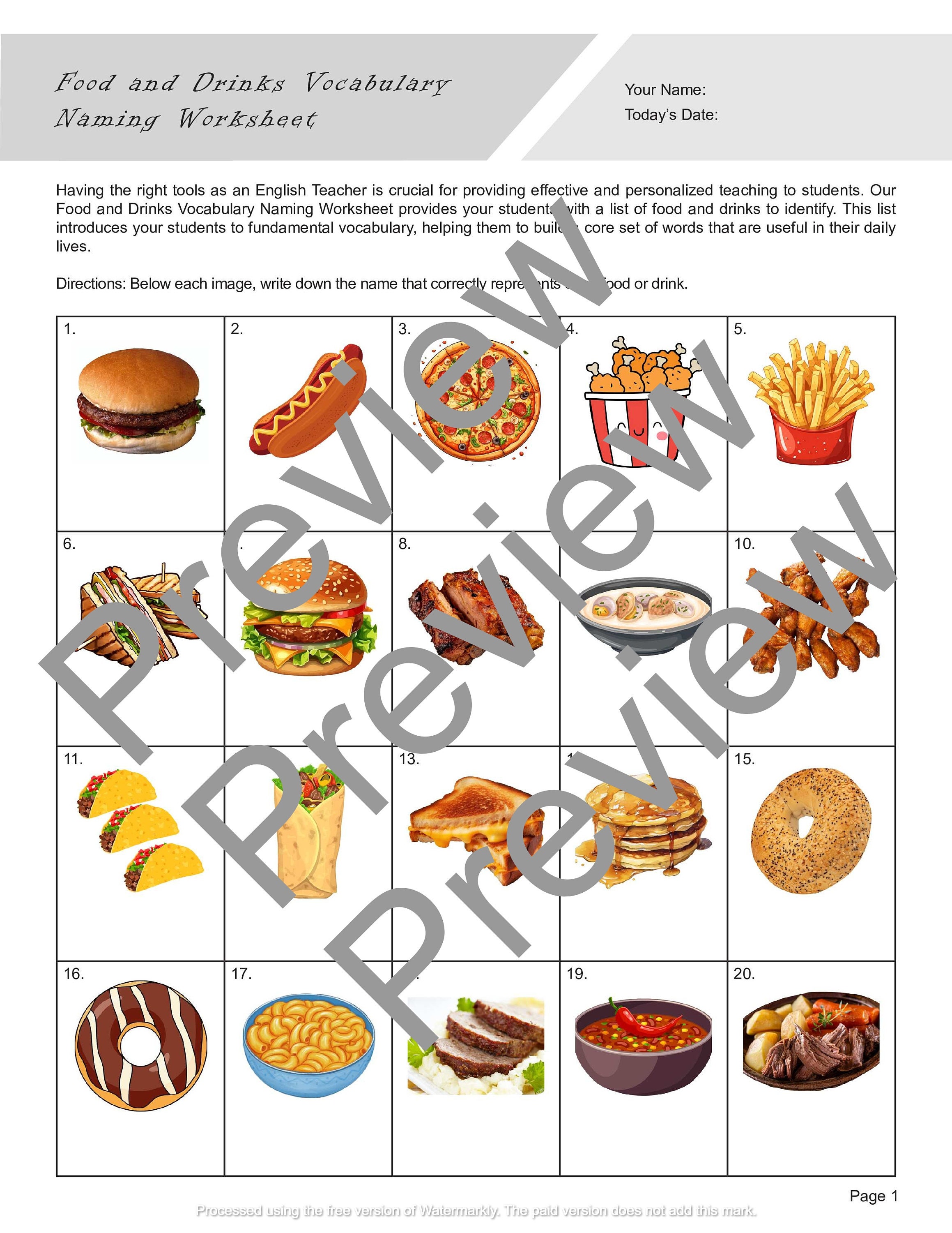Food and Drinks Vocabulary Naming Worksheet for English Learners and ...