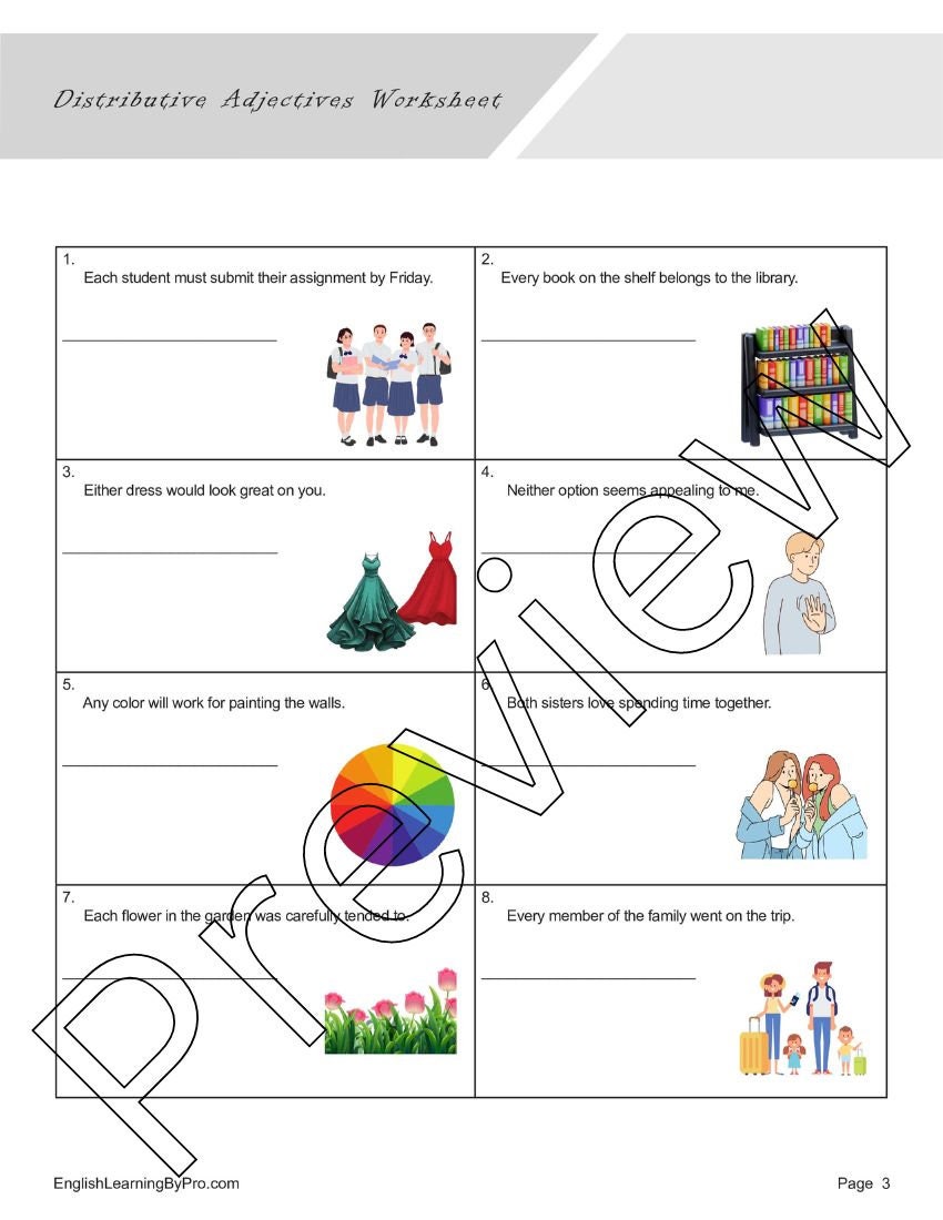 Distributive Adjectives Worksheets Bundle for English Learners and ...