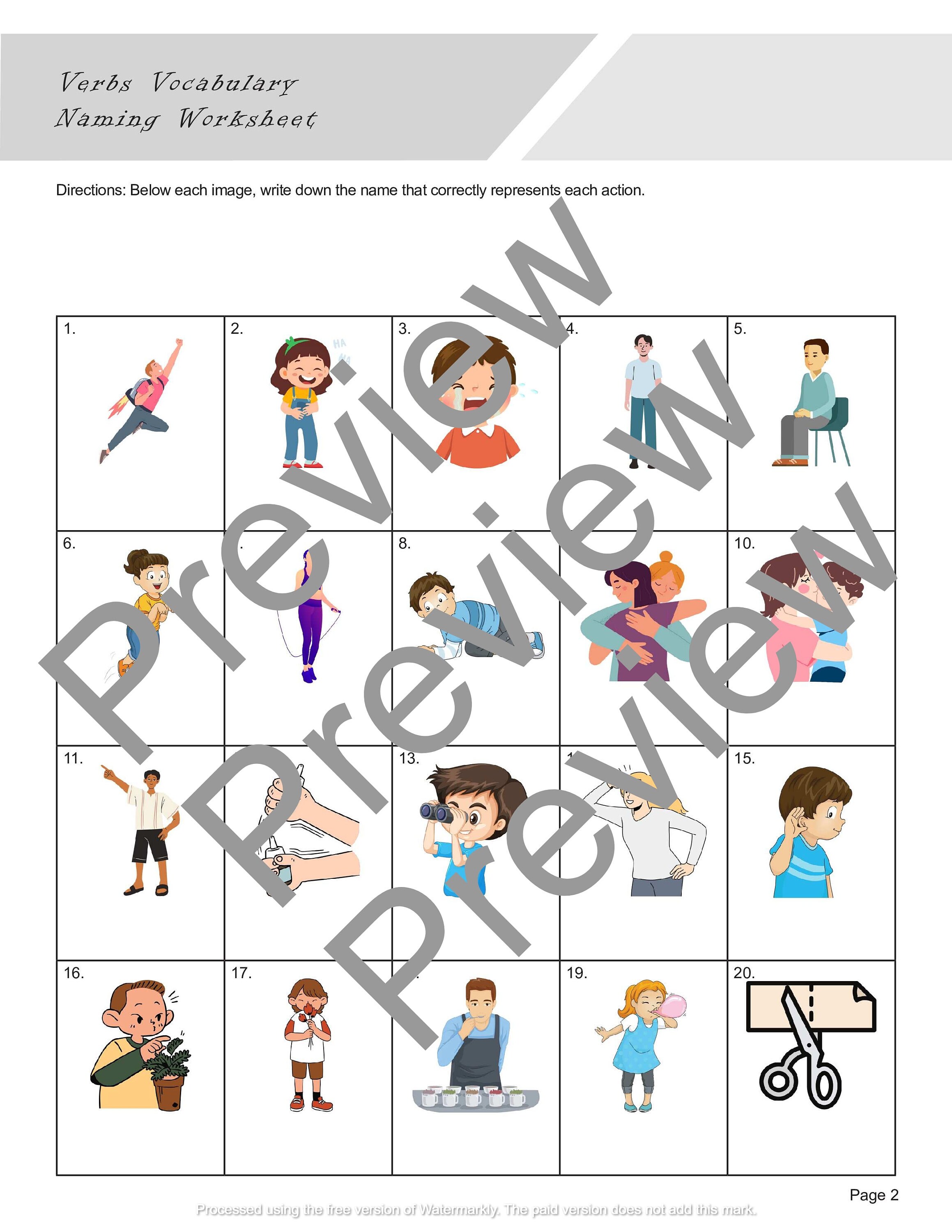 Verbs Vocabulary Naming Worksheet for English Learners and English ...