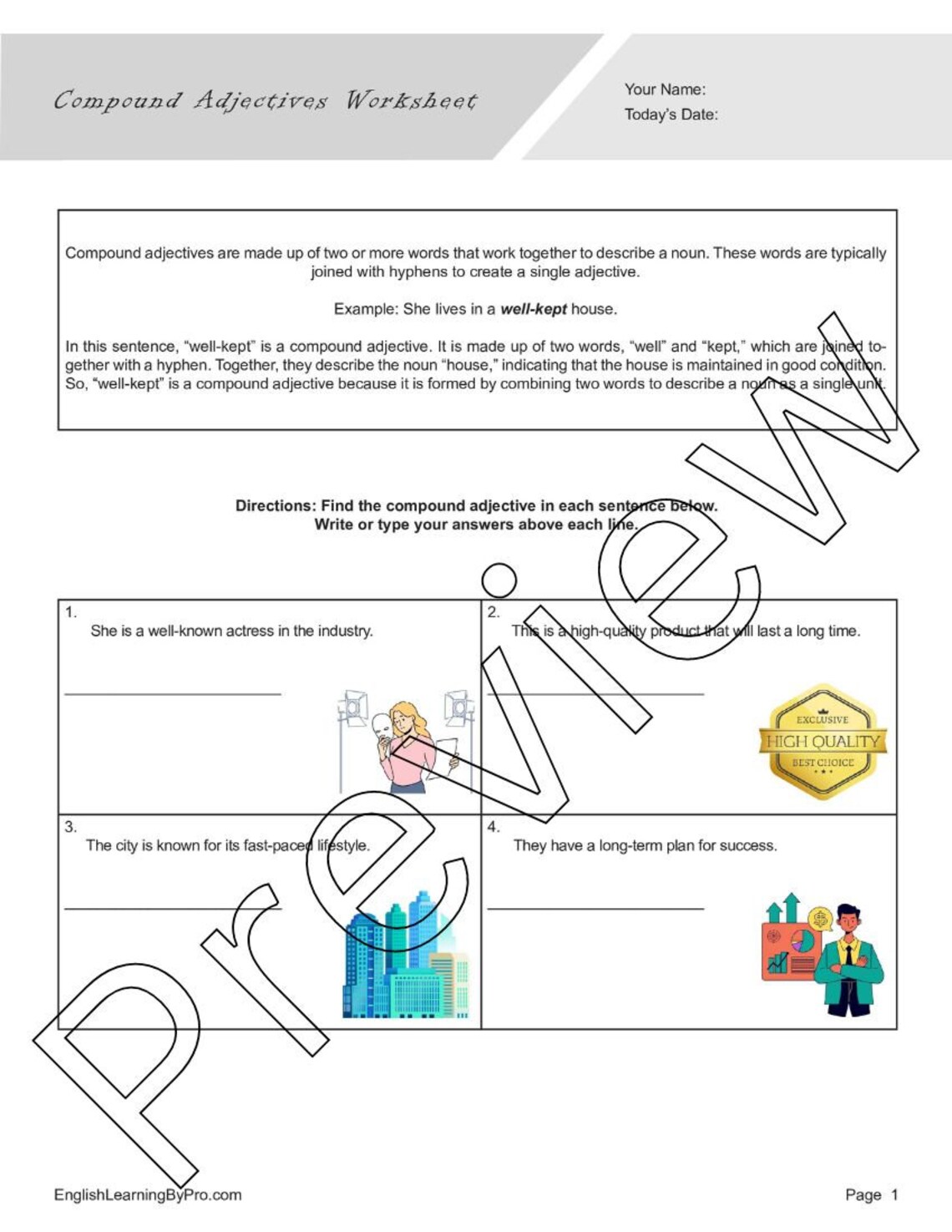 Compound Adjectives Worksheets Bundle For English Learners And English