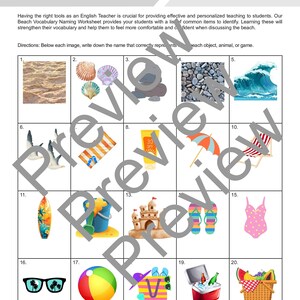 Beach Vocabulary Naming Worksheet for English Learners and English ...