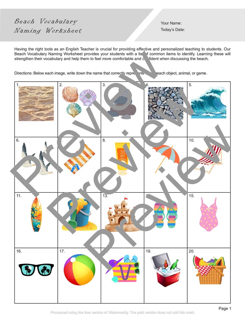 Beach Vocabulary Naming Worksheet for English Learners and English ...