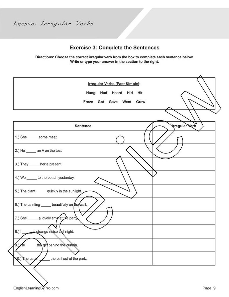 Irregular Verbs Lesson: Introduction 5 Worksheets editable, Fillable ...