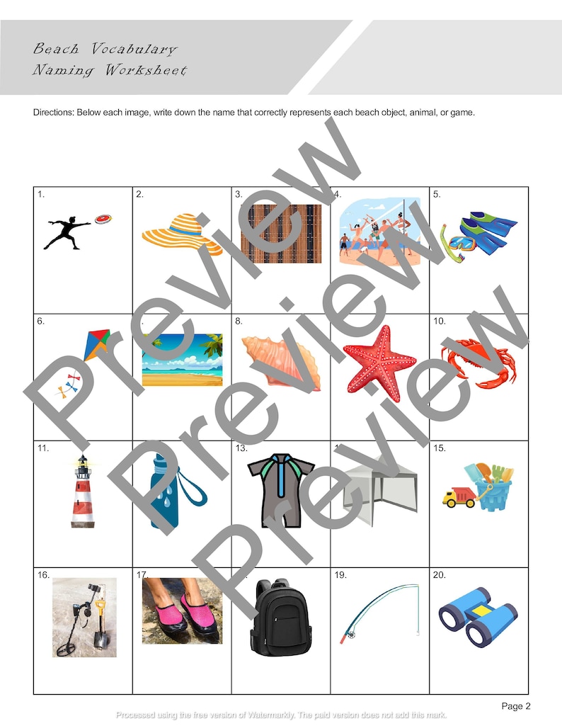 Beach Vocabulary Naming Worksheet for English Learners and English ...