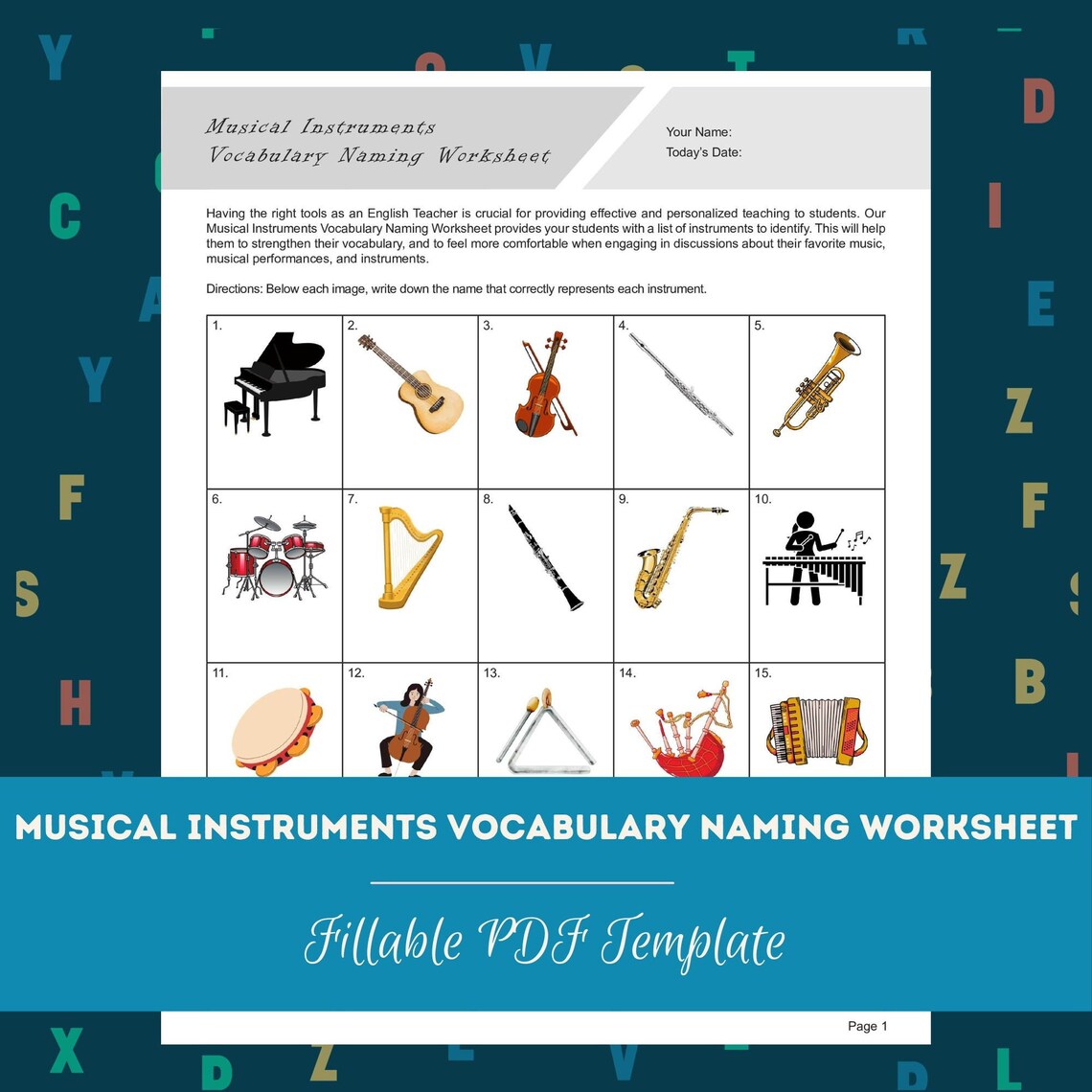 Musical Instruments Vocabulary Naming Worksheet for English Learners ...