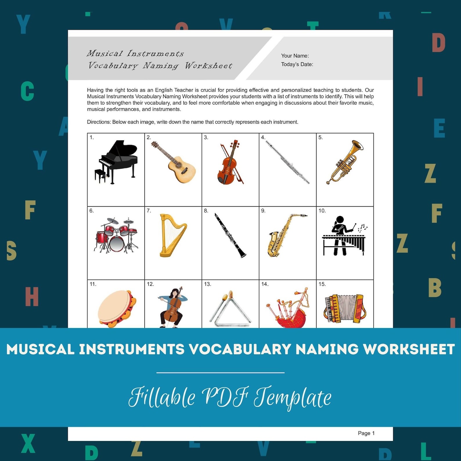 Musical Instruments Vocabulary Naming Worksheet for English Learners ...