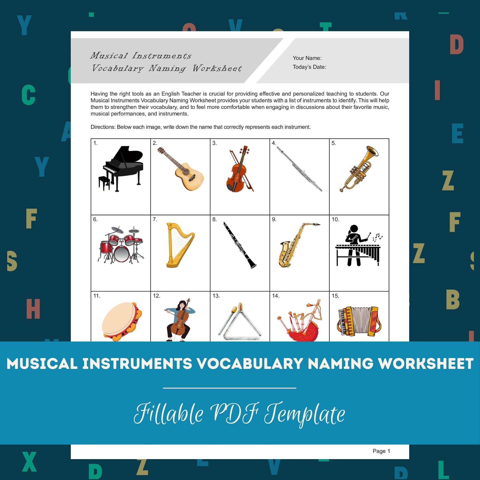 Musical Instruments Vocabulary Naming Worksheet for English Learners ...