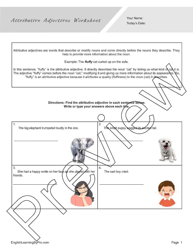 Attributive Adjectives Worksheets Bundle for English Learners and ...