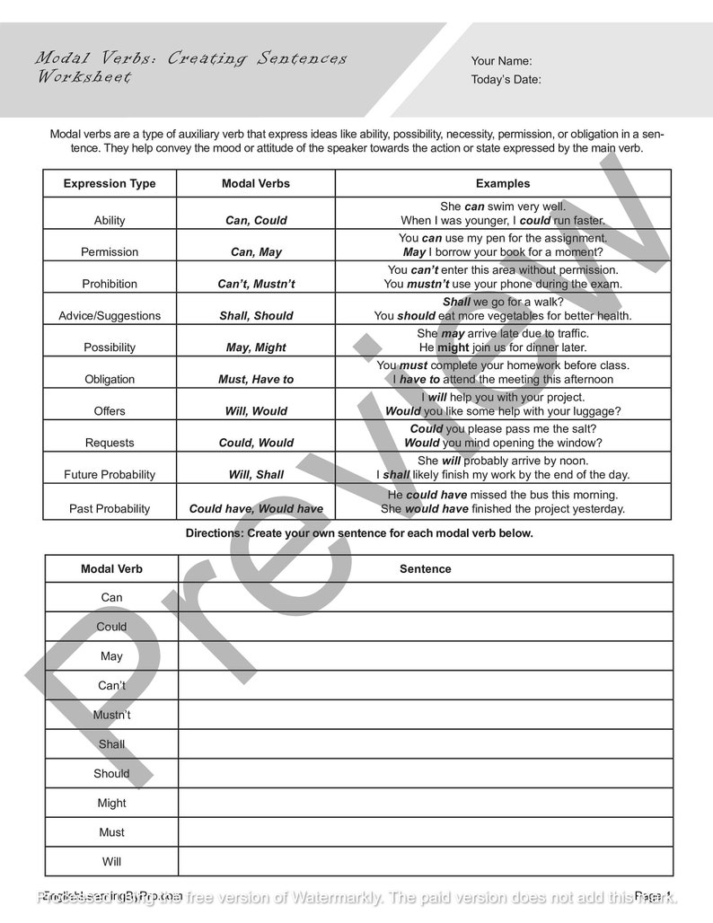 Modal Verbs Worksheets Bundle for English Learners and English Teachers ...