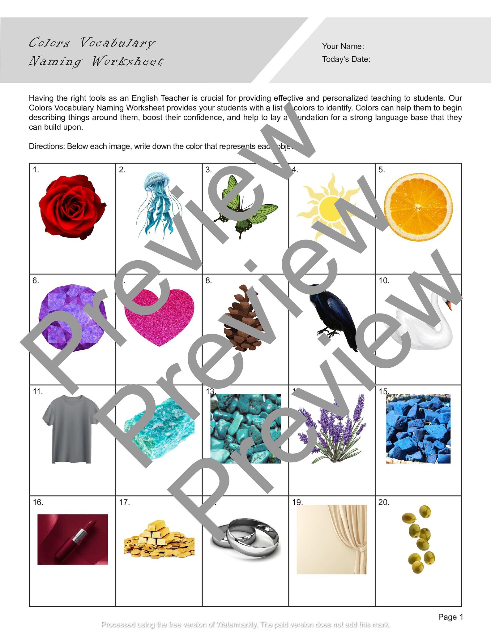 Colors Vocabulary Naming Worksheet for English Learners and English ...