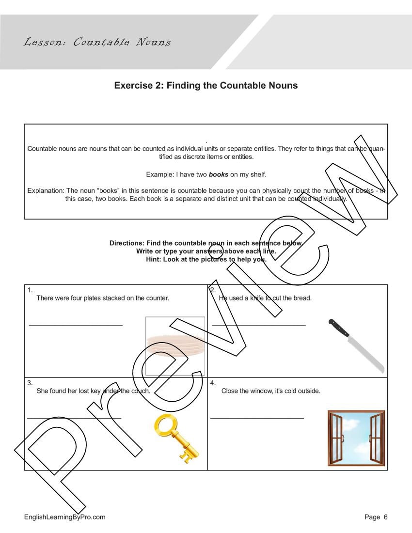 Countable Nouns Lesson: Introduction + 4 Worksheets (editable, Fillable ...