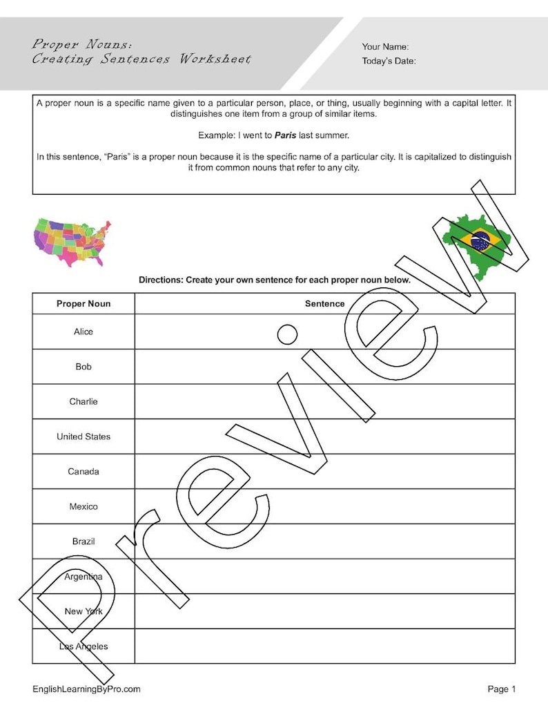Proper Nouns Worksheets Bundle for English Learners and English ...