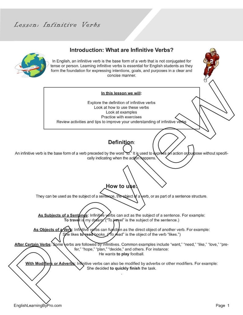 Infinitive Verbs Lesson: Introduction + 4 Worksheets (editable ...