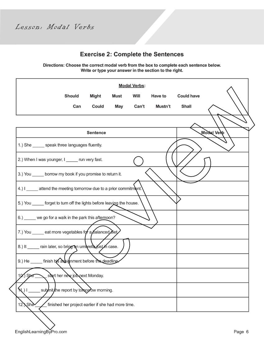 Modal Verbs Lesson: Introduction + 5 Worksheets (editable, Fillable ...